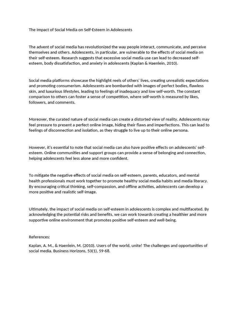 Social Media's Impact on Teen Self-Esteem | PDF