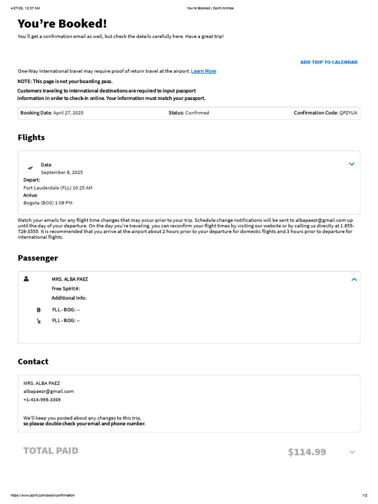 Spirit Airlines Trip Confirmation Details | PDF | Aviation