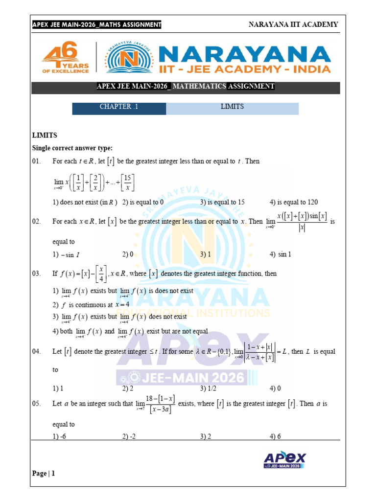 Apex Jeemain - 2026 - Maths - PT-1 - Assignment | PDF | Function (Mathematics) | Mathematical Logic