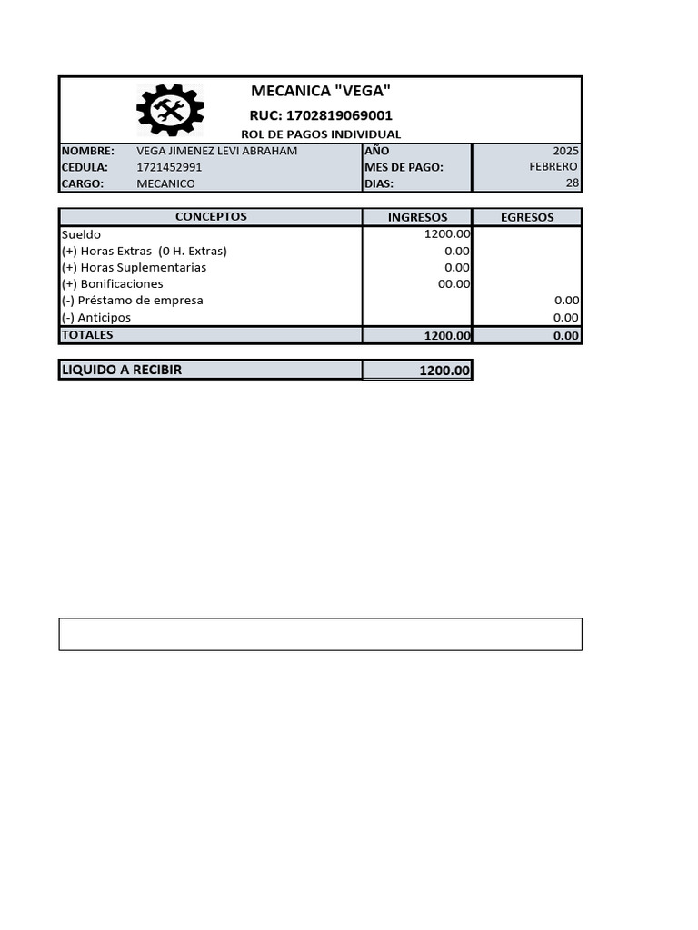 Rol de Pago Febrero 2025 Ind. Levi Vega | PDF