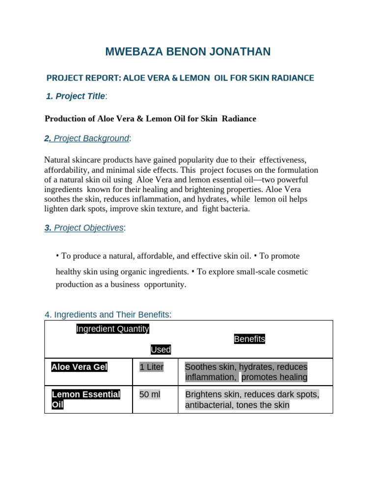 Aloe Vera & Lemon Oil Skin Radiance Project | PDF | Skin Care