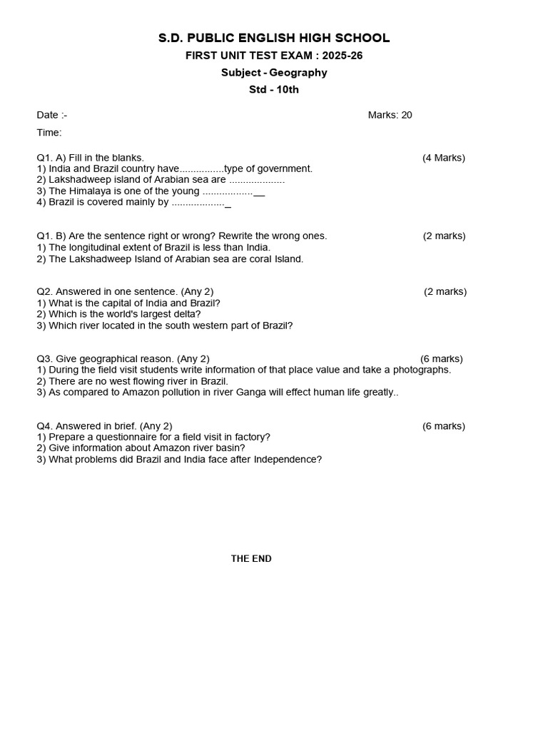 Geography Unit Test 2025-26 Class10 (1) | PDF