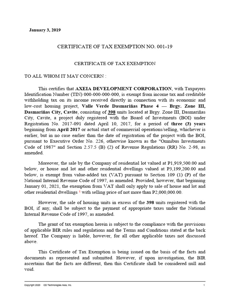 BR 01-2019 Certificate of Tax Exemption No. 001-19 | PDF | Taxes ...