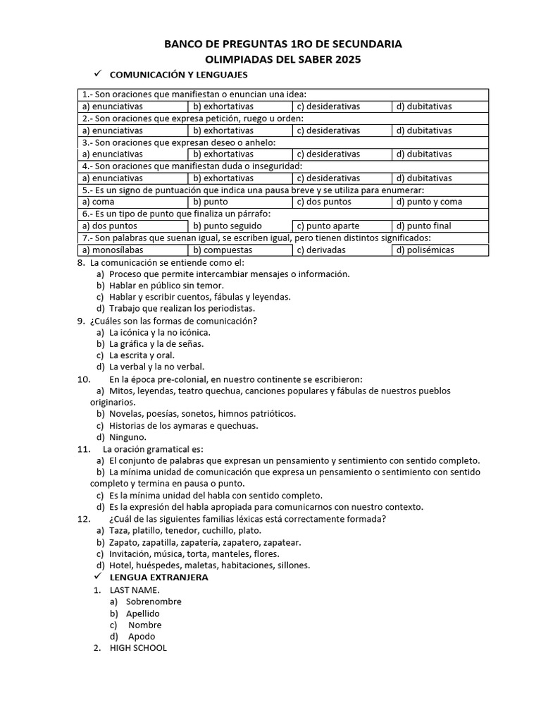 1ro de Secundaria Banco de Preguntas | PDF | Rectángulo | Ángulo