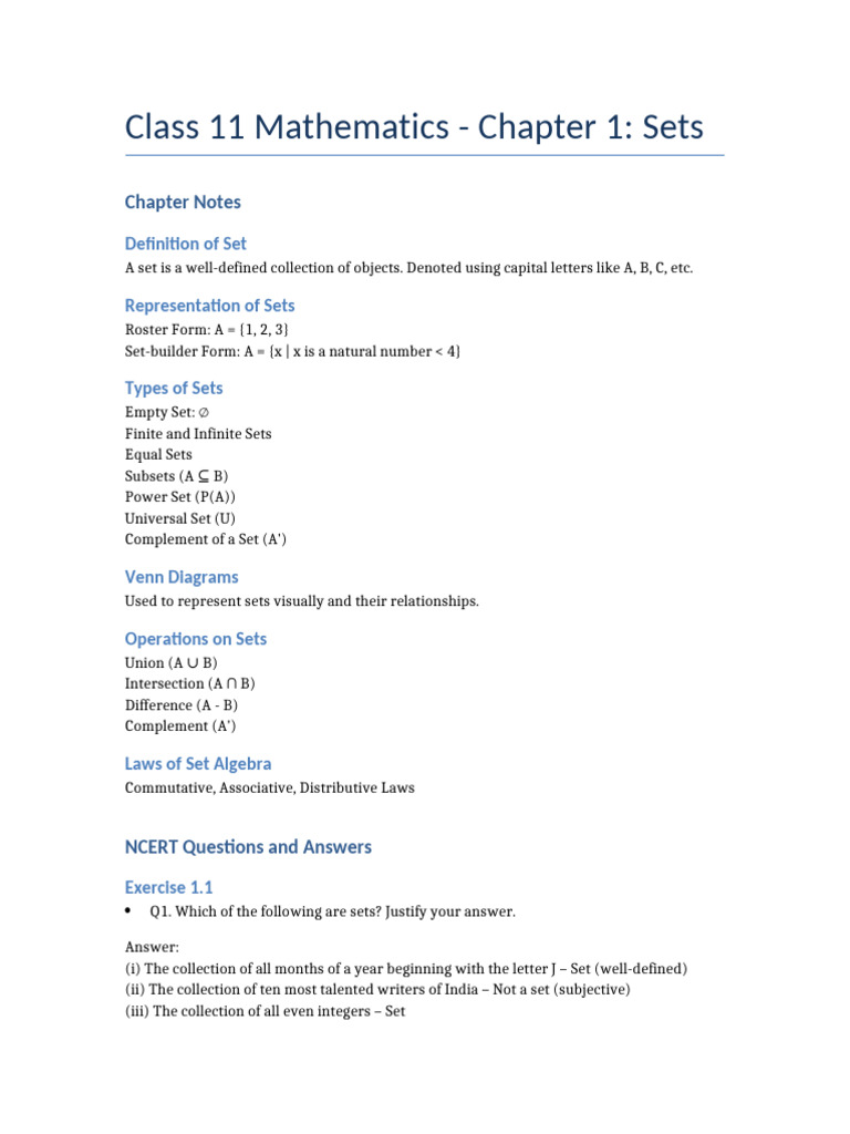 Class 11 Sets: Notes & Solutions | PDF