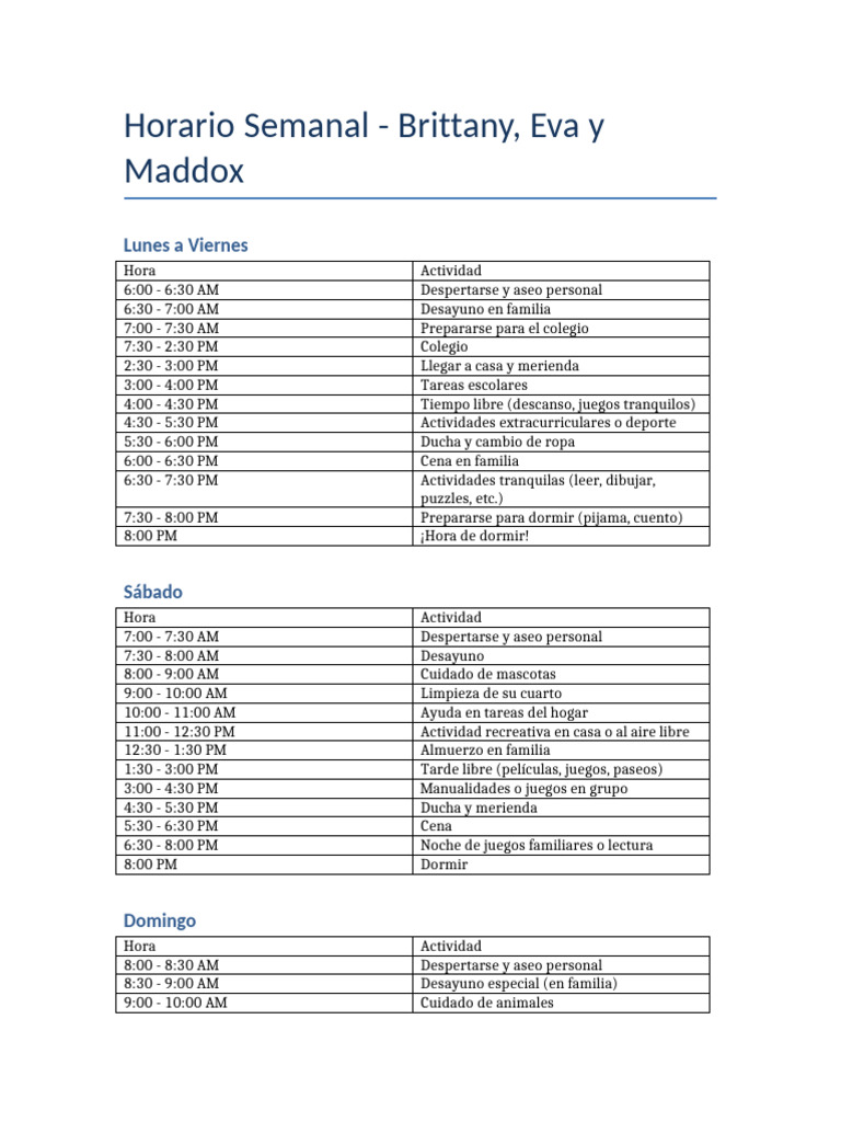 Horario Semanal Brittany Eva Maddox | PDF