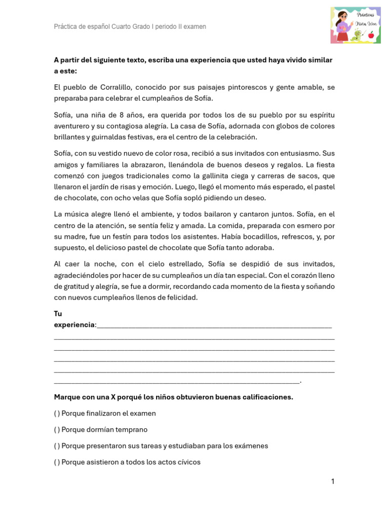 Práctica Español Cuarto Grado I Periodo II Examen | PDF | Cumpleaños ...