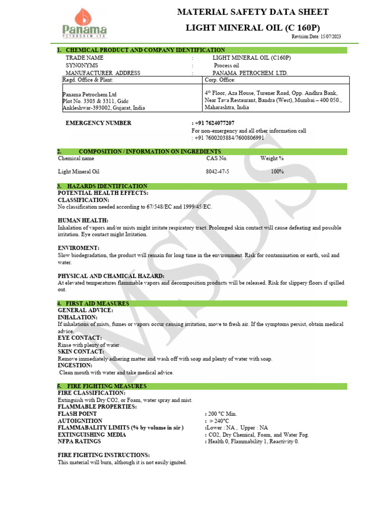 Hoja de Seguridad Aceite de Proceso Parafinico (C 160p) | PDF ...