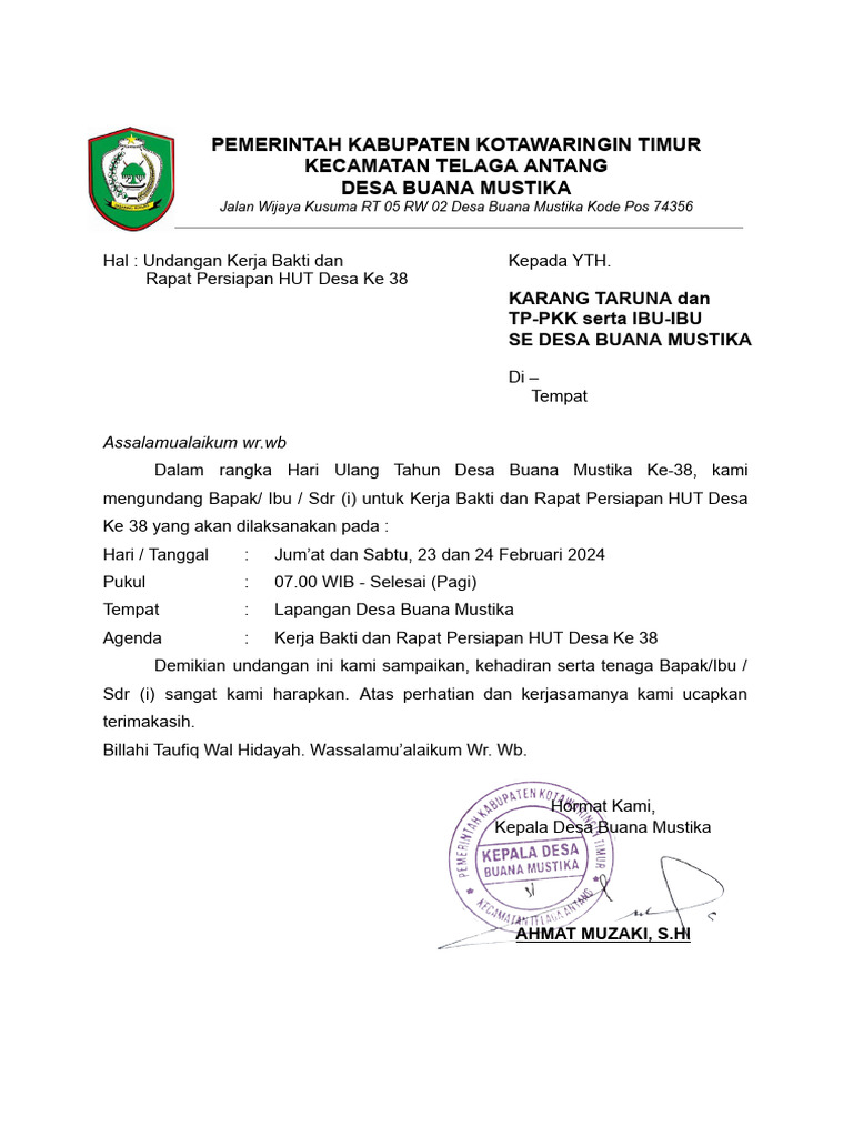 Undangan Kerja Bakti Dan Rapat Hut Desa Ke 38 | PDF