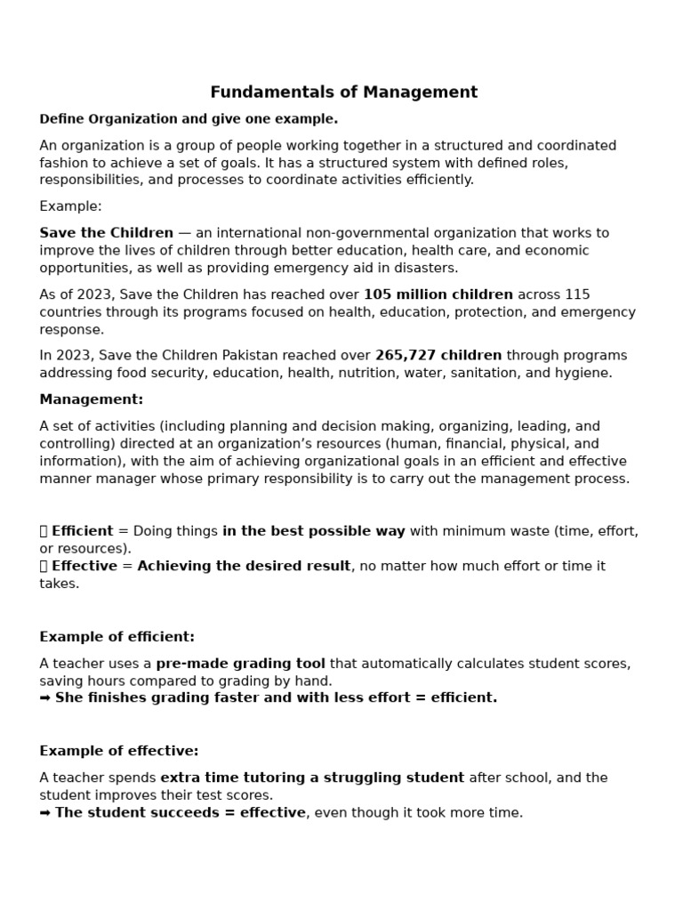 Fundamentals of Management Notes | PDF | Leadership | Non Governmental ...