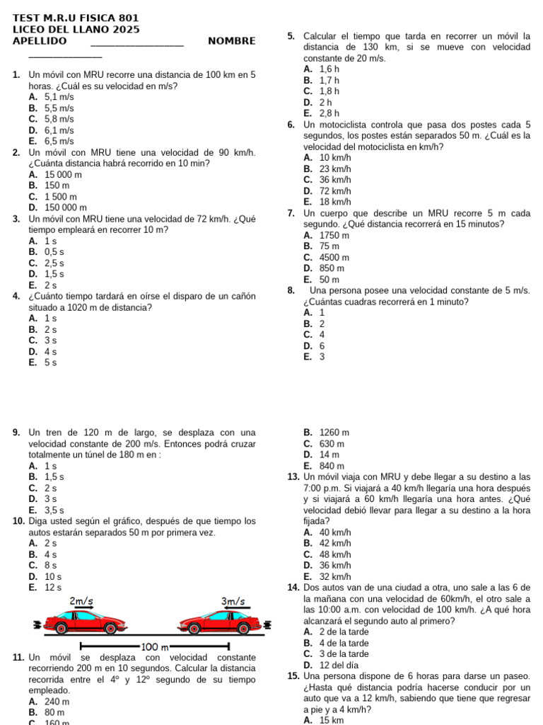 Examen MRU Física 801 2025 | PDF