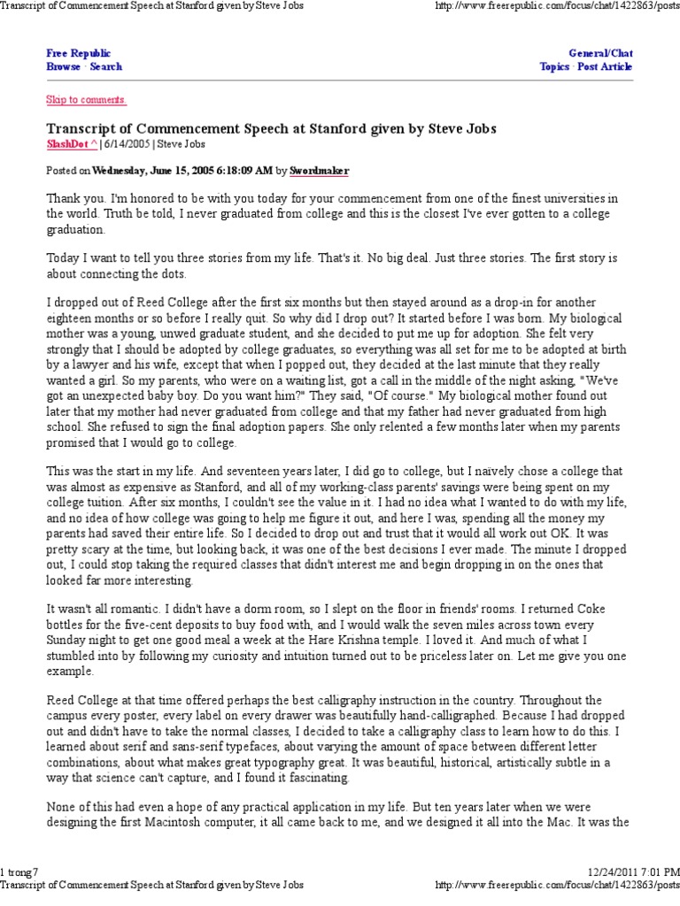 Transcript of Commencement Speech at Stanford Given by Steve Jobs ... Transcript of Commencement Speech at Stanford Given by Steve Jobs ...