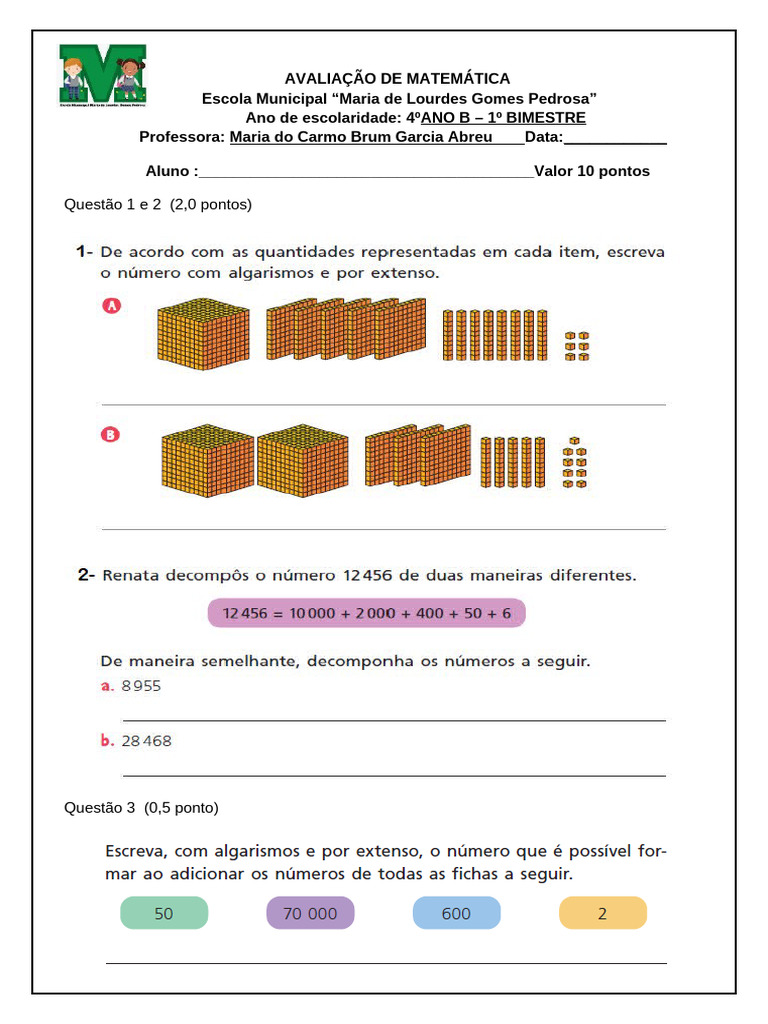 Avaliação De Matemática 4º Ano 2º Bimestre 2025 Pdf