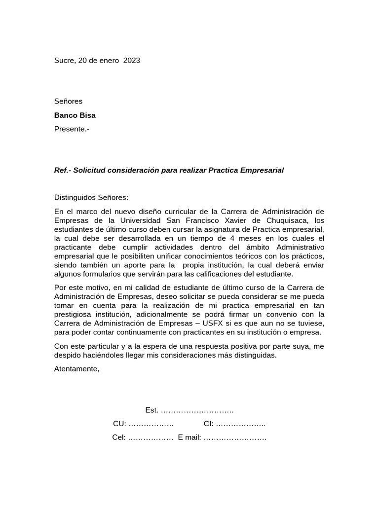 Carta Modelo para Solicitud de Practica Empresarial 2023 | PDF
