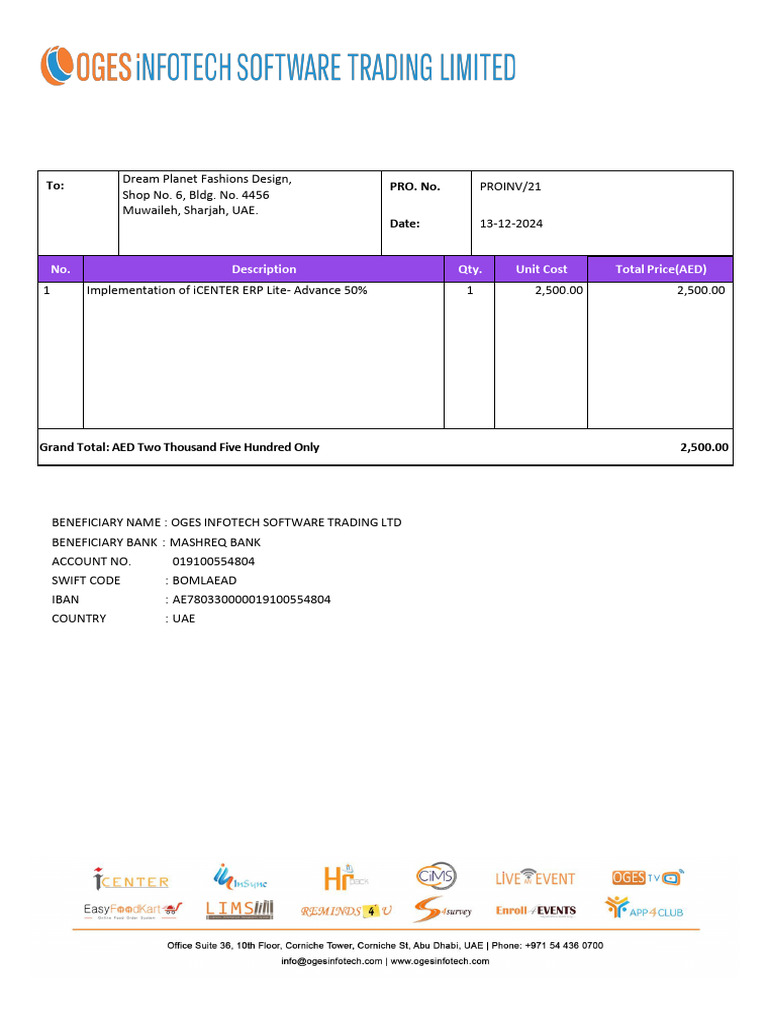 Proforma Invoice for 50% Advance Payment | PDF