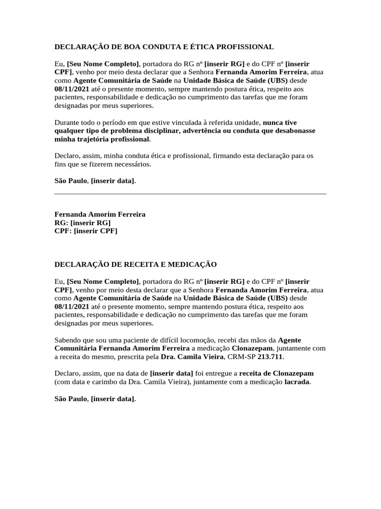 Declaração de Boa Conduta e Ética Profissional | PDF