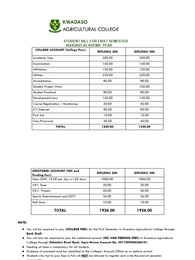 Student Bill For First Semester 2024 2025 Regular | PDF