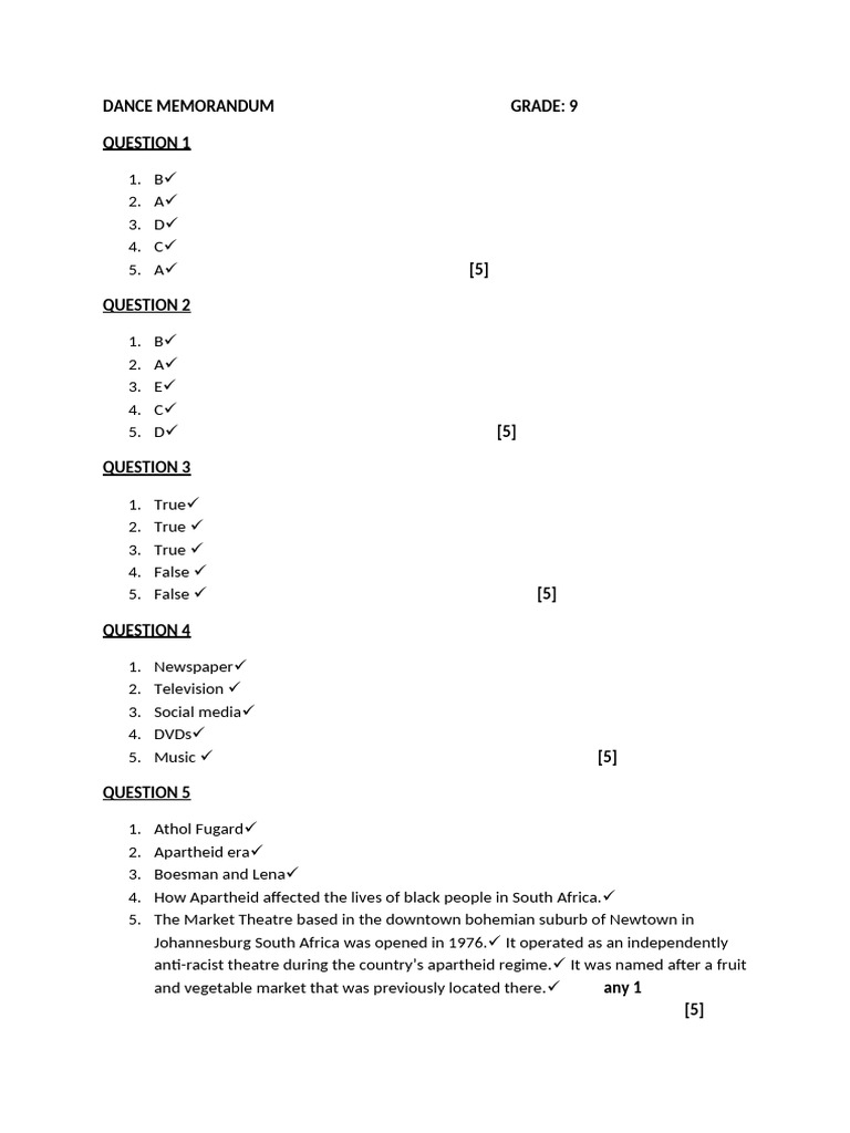 Grade 9 Dance Exam Memo Term 4 | PDF