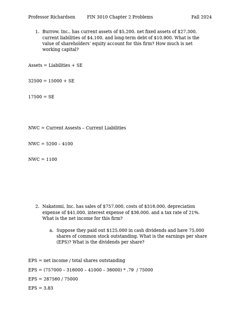 FIN 3010 Chapter 2 Class Assignment | PDF | Equity (Finance) | Dividend