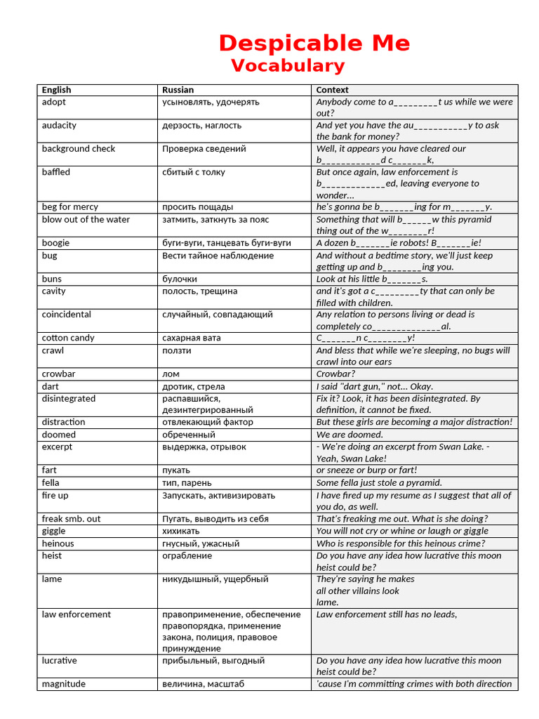 Despicable Me Vocabulary | PDF