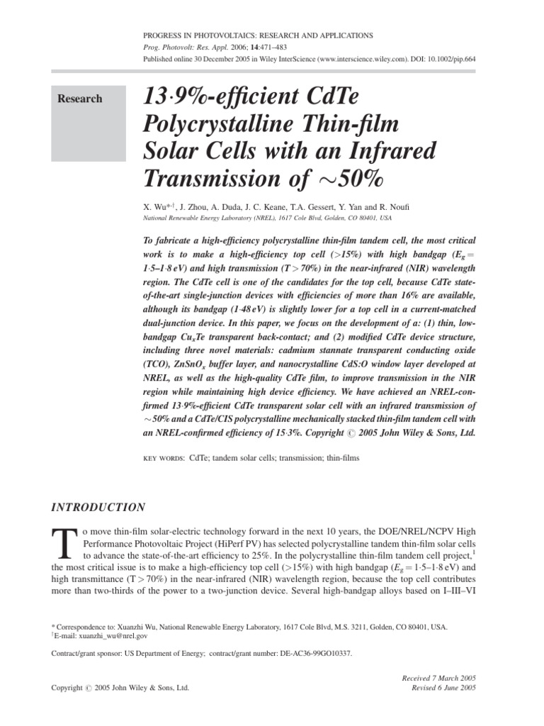 Progress in Photovoltaics - 2005 - Wu - 13 9 Efficient CdTe ...