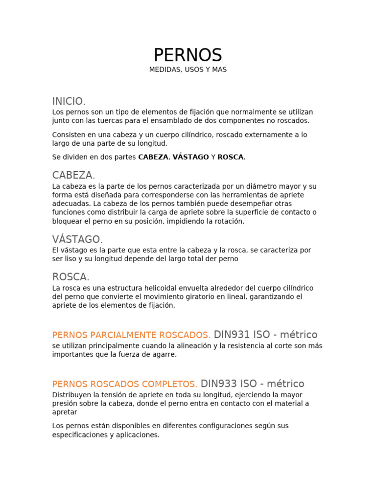 Guía Completa sobre Pernos y sus Usos | PDF | Tornillo | Ingeniería ...