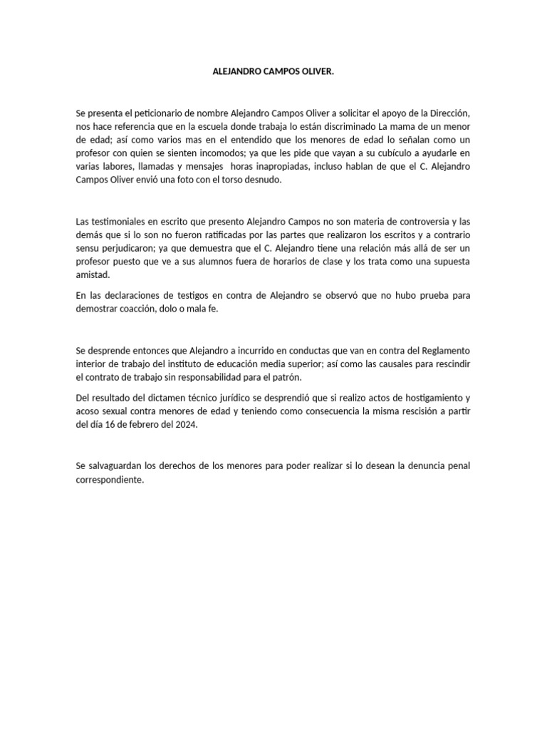 Acoso y despido de Alejandro Campos Oliver | PDF