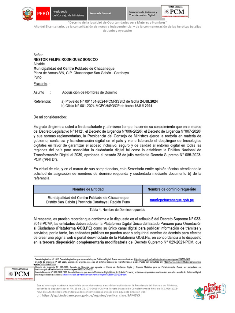 Oficio 000857 2024 PCM SGTD | PDF | Gobierno E | Perú