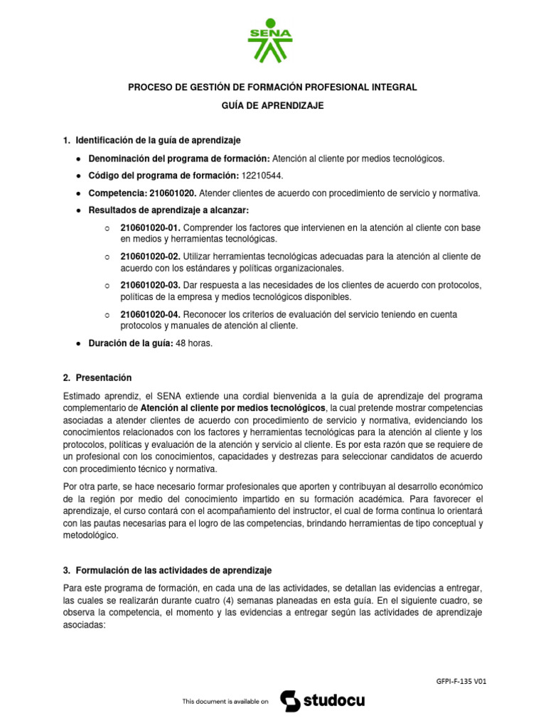 Guia Aprendizaje 2 Resumen Servicio Al Cliente | PDF | Aprendizaje | Servicio al Cliente