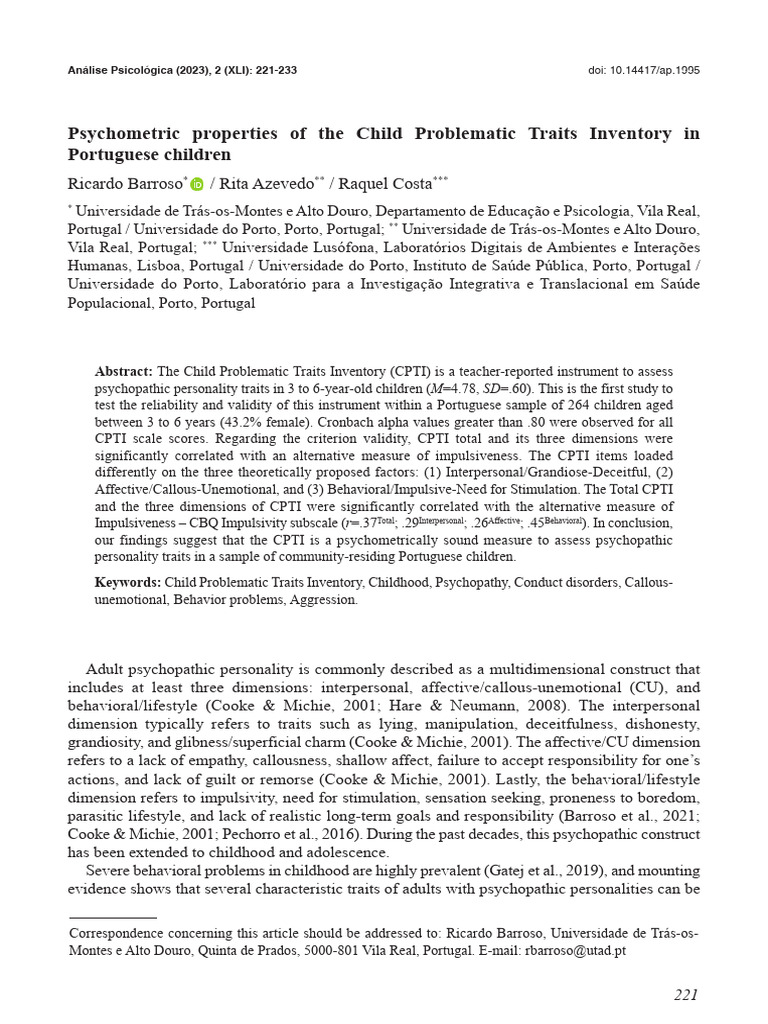 Psychometric Properties of The Child Problematic Traits Inventory in ...