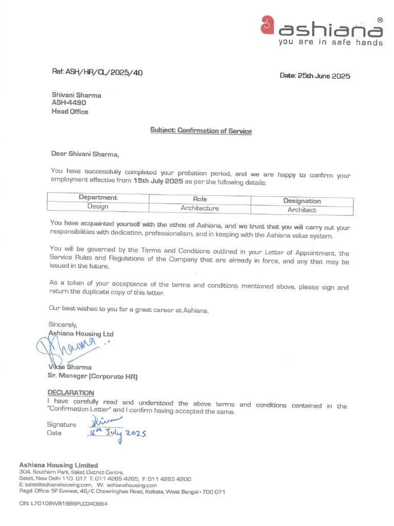 Acceptance of Confirmation Letter - Shivani Sharma | PDF