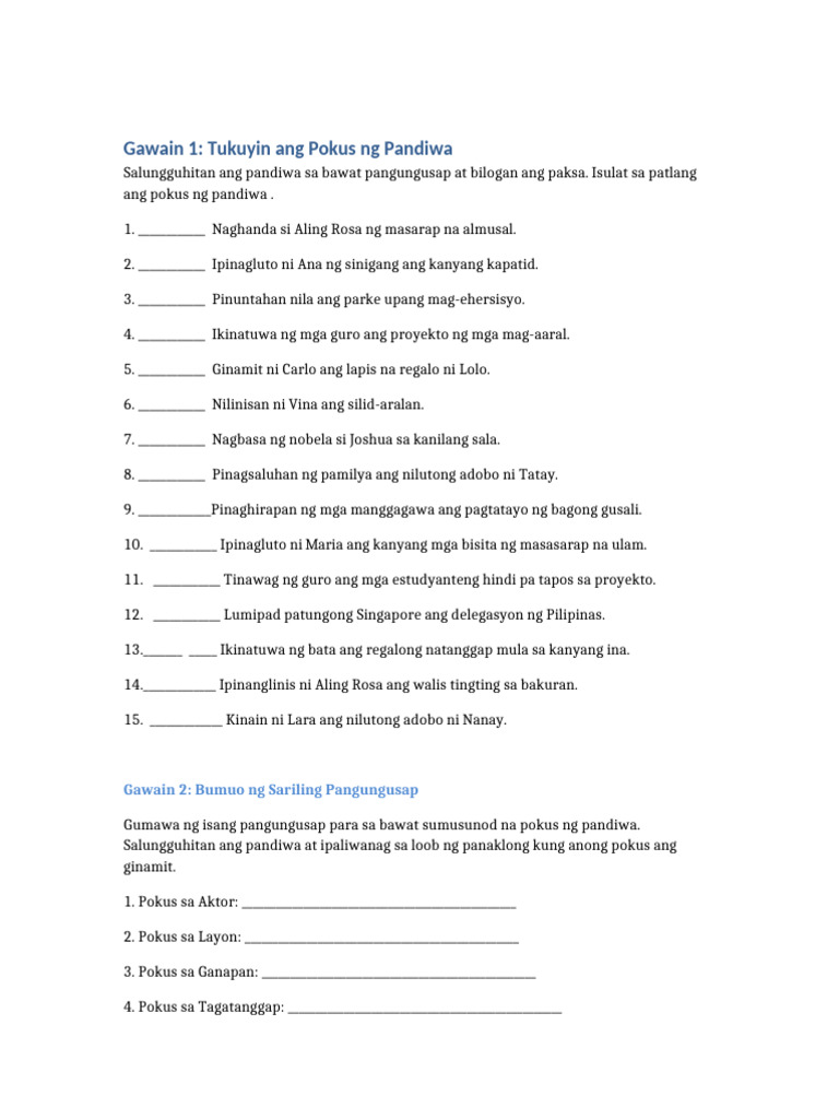 Filipino10 Pokus NG Pandiwa Worksheet | PDF