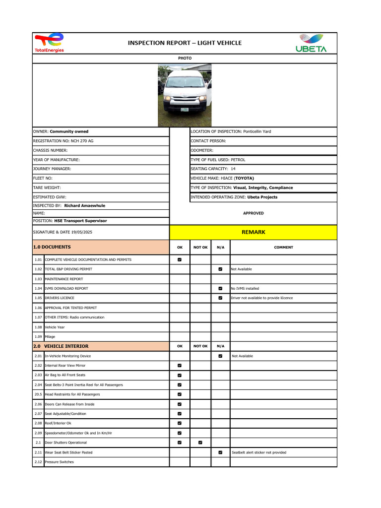 Premob Inspection NCH 270 Ag1 | PDF | Steering | Seat Belt