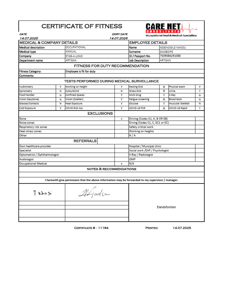Cert of Fitness | PDF | Medicine | Clinical Medicine