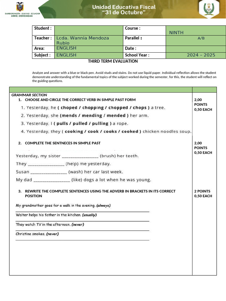 3 Trimestre Ninth Grade 2024 | PDF | Subject (Grammar) | Languages