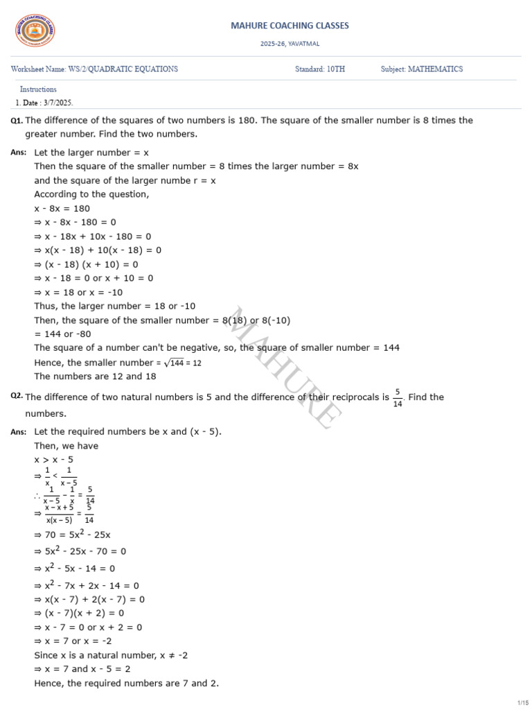 Ws 2 Quadratic Equations 10th Mathematics Answersheet | PDF | Quadratic Equation | Numbers