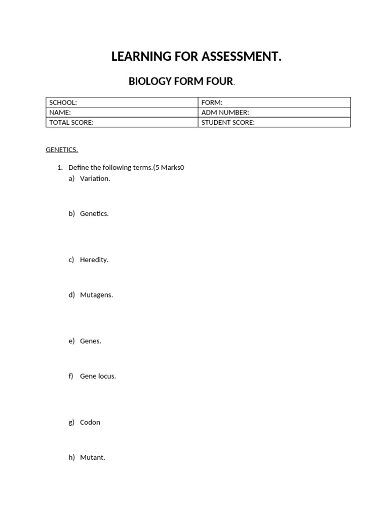 Biology Form Four Genetics Assessment | PDF | Genetics | Zygosity