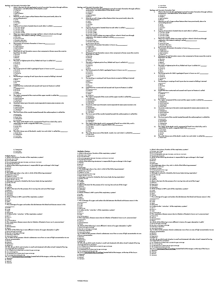 PRINT Geology and Mountain Formation Test | PDF | Respiratory System | Lung
