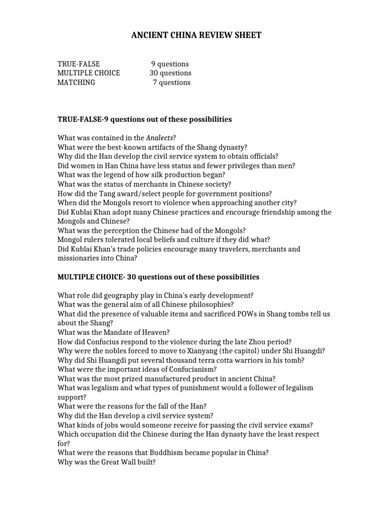 Ancient China Review Sheet | PDF | History Of China | Confucianism