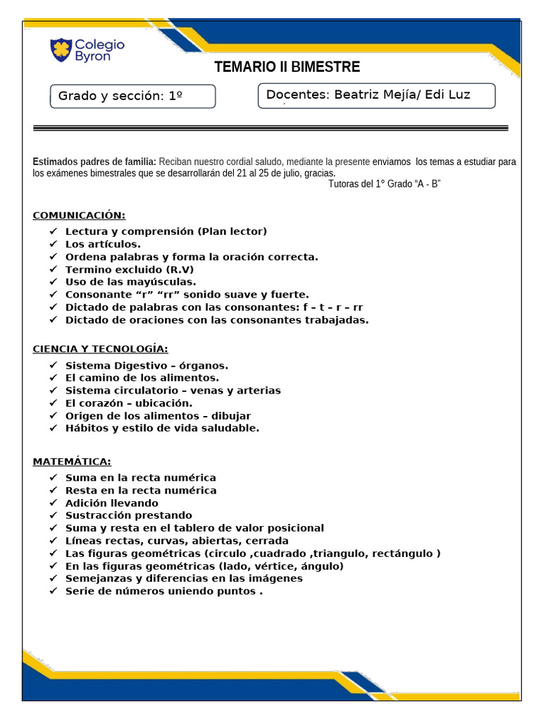 Temas para Exámenes 1° Grado A-B | PDF
