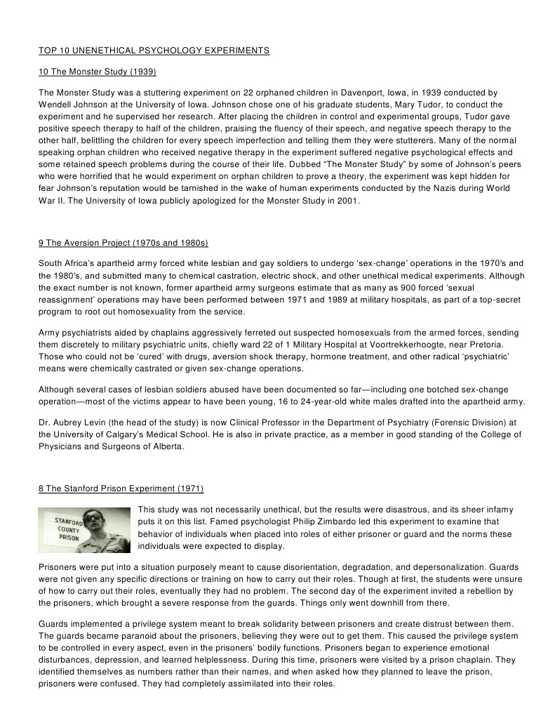 Top 10 Unethical Psychology Experiments | PDF | Psychological Concepts ...