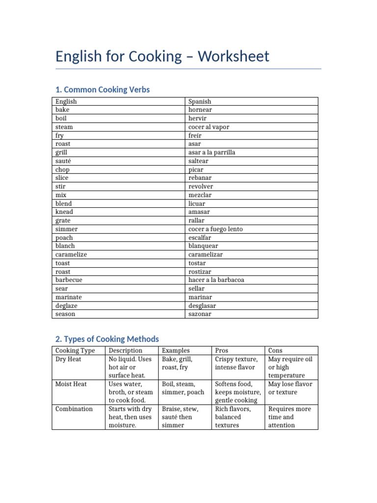 Cooking Vocabulary and Exercises Guide | PDF | Cooking | Roasting