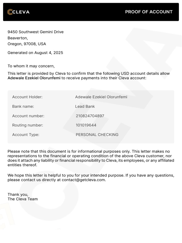 Lead Bank Routing Number Confirmation | PDF