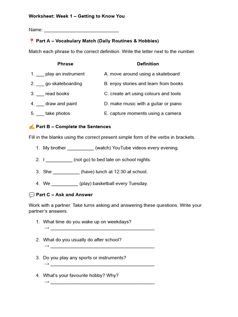 B1 Introductions Week 1? Worksheet Week 1 - Getting To Know You | PDF ...