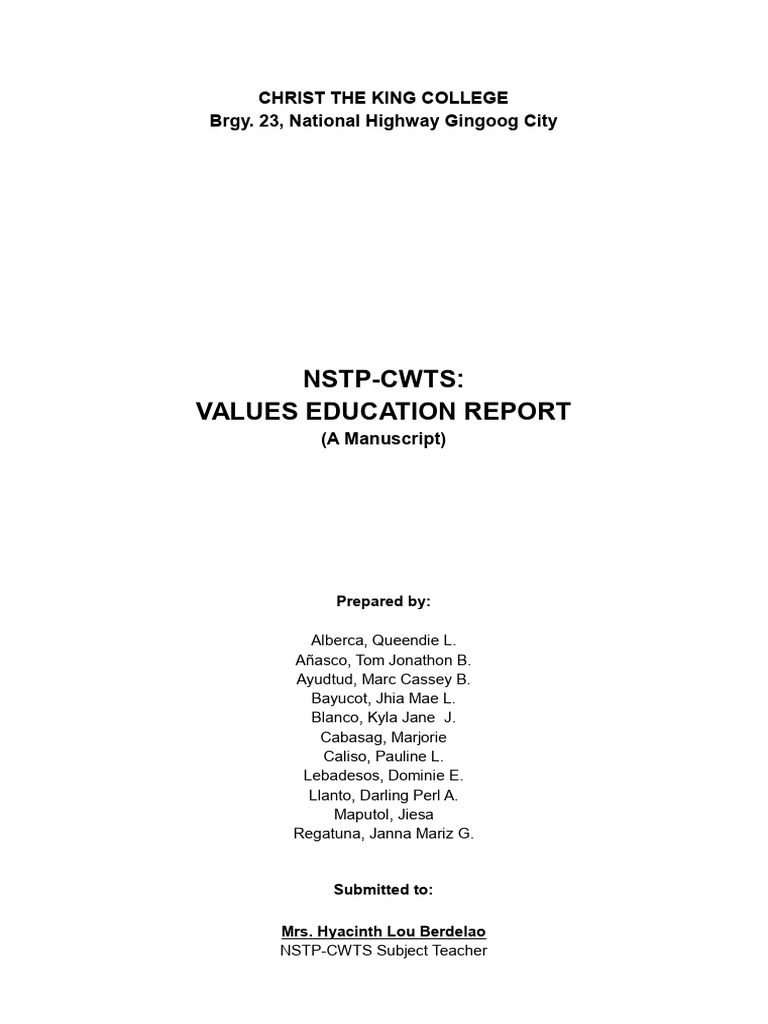 NSTP CWTS Values Education Formation Group 4 | PDF | Value (Ethics) | Self Esteem