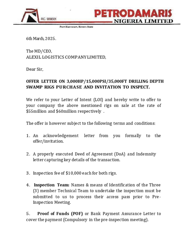 Offer & Invitation Letter - Petrodamaris - Diamond | PDF