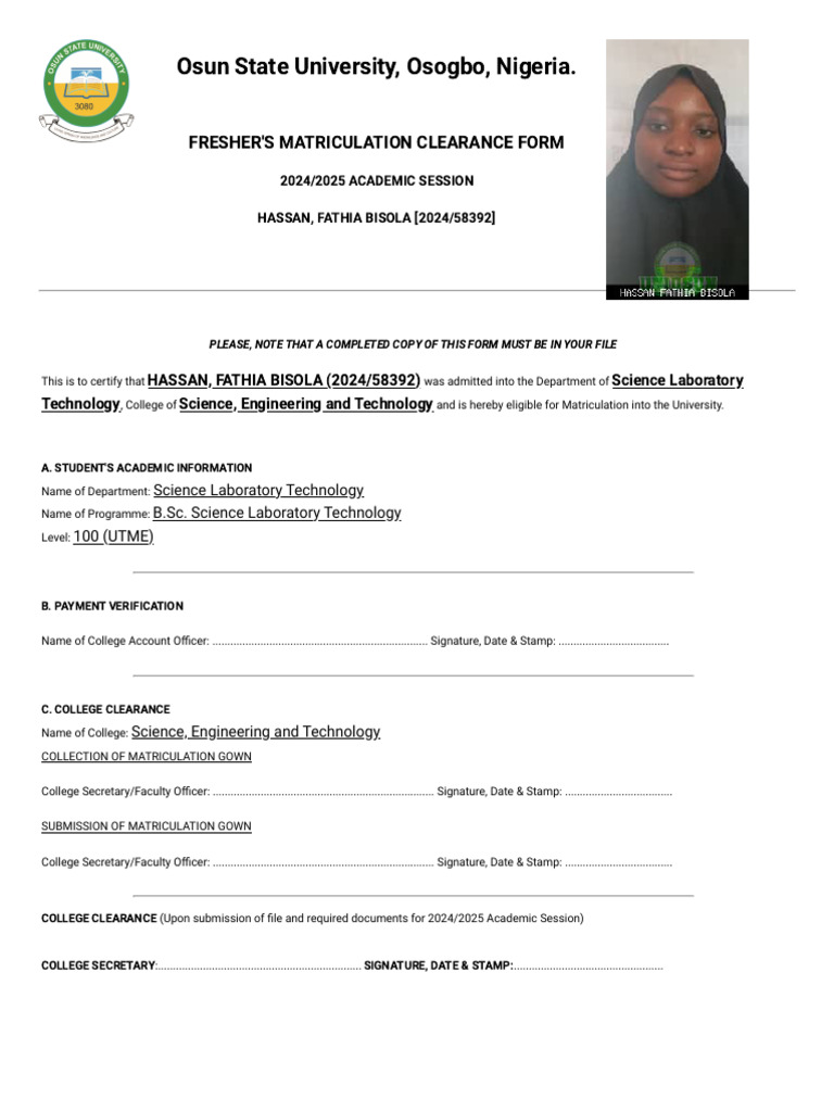 Fresher's Matriculation Clearance Form | PDF