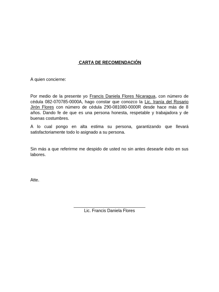 Carta de Recomendación para Lic. Iranía Jirón | PDF