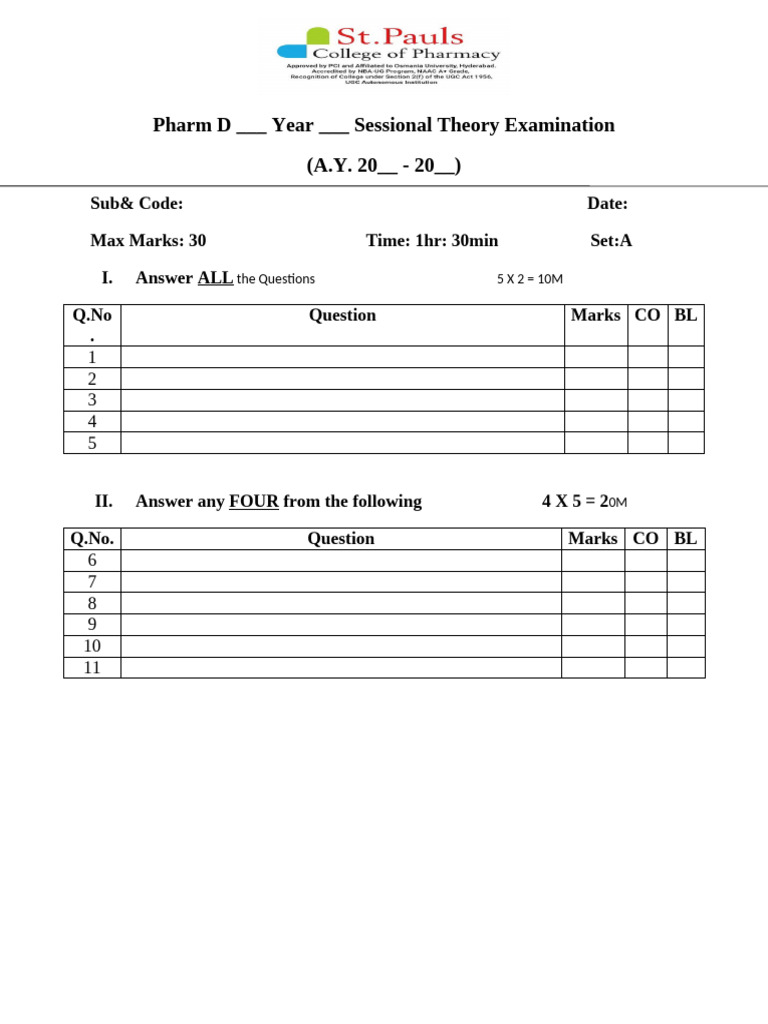 Pharm D Sessional Theory Practical QP Template | PDF