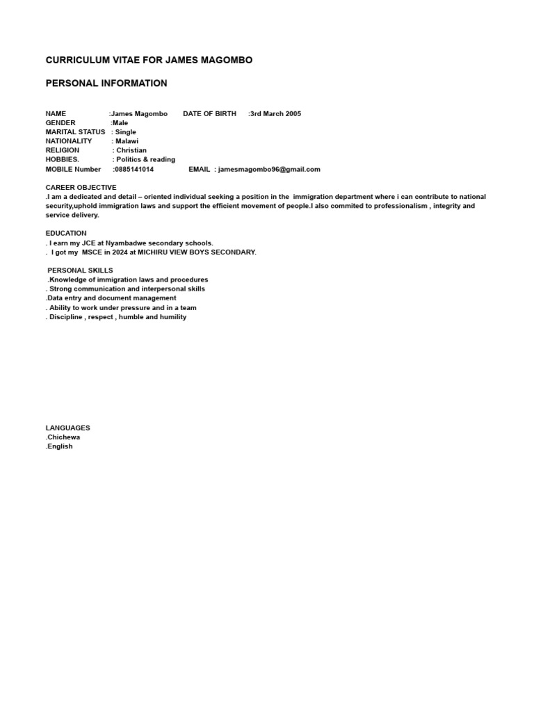 Curriculum Vitae For James Magombo Personal Information | PDF